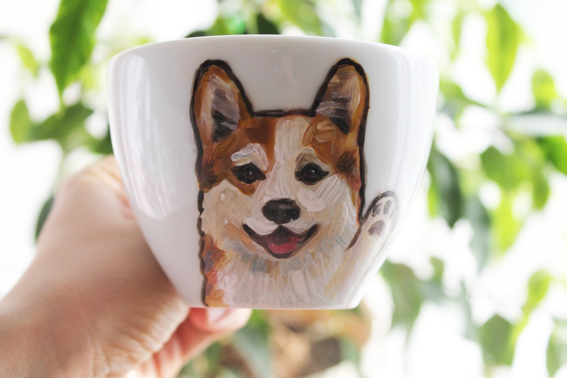 Corgi Tea Cup Saucer Set Cappuccino Cup Corgi Mug Unique Handpainted ...