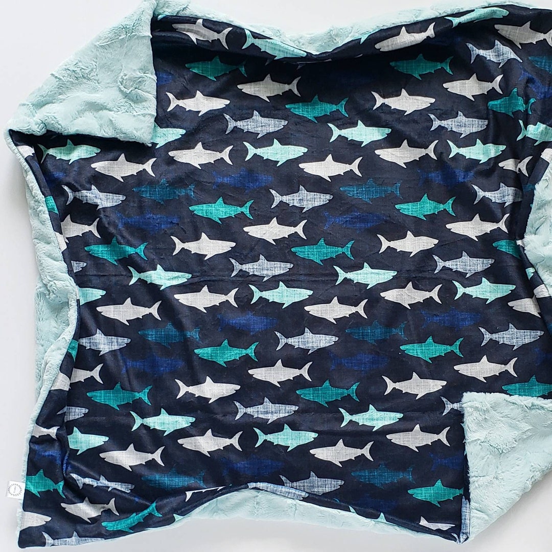 Linen Shark Baby Blanket, Minky Baby Blanket, Navy Baby Blanket, Aqua ...