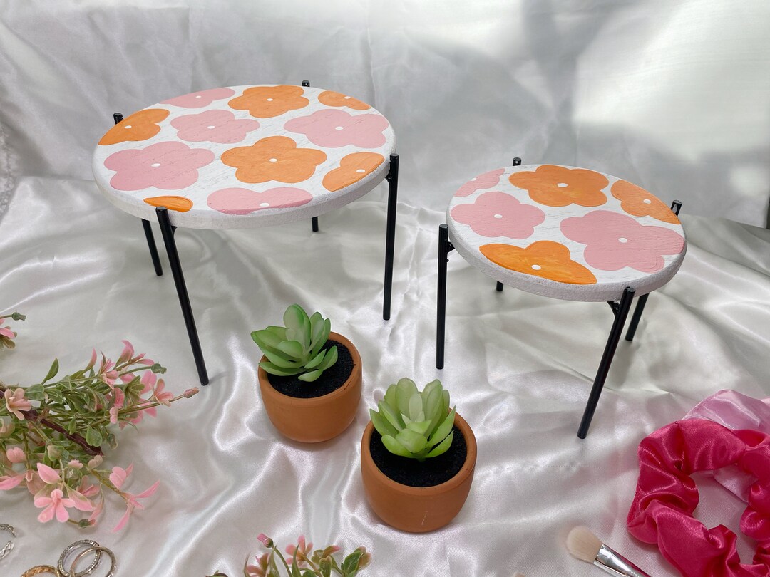 Funky Floral Small Wood Plant Table, Round Wooden Mini Riser, Indoor ...