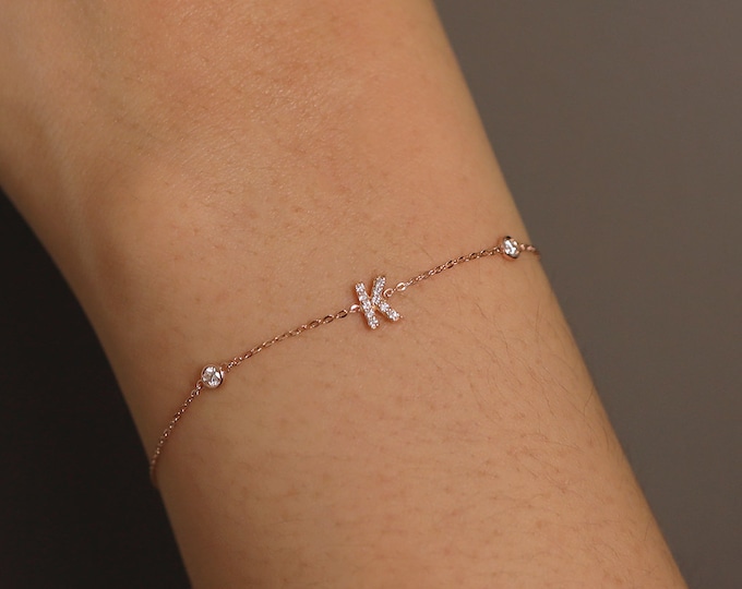 Diamond Initial Bracelet / 14k Diamond Initial Bracelet / Diamond Charm ...