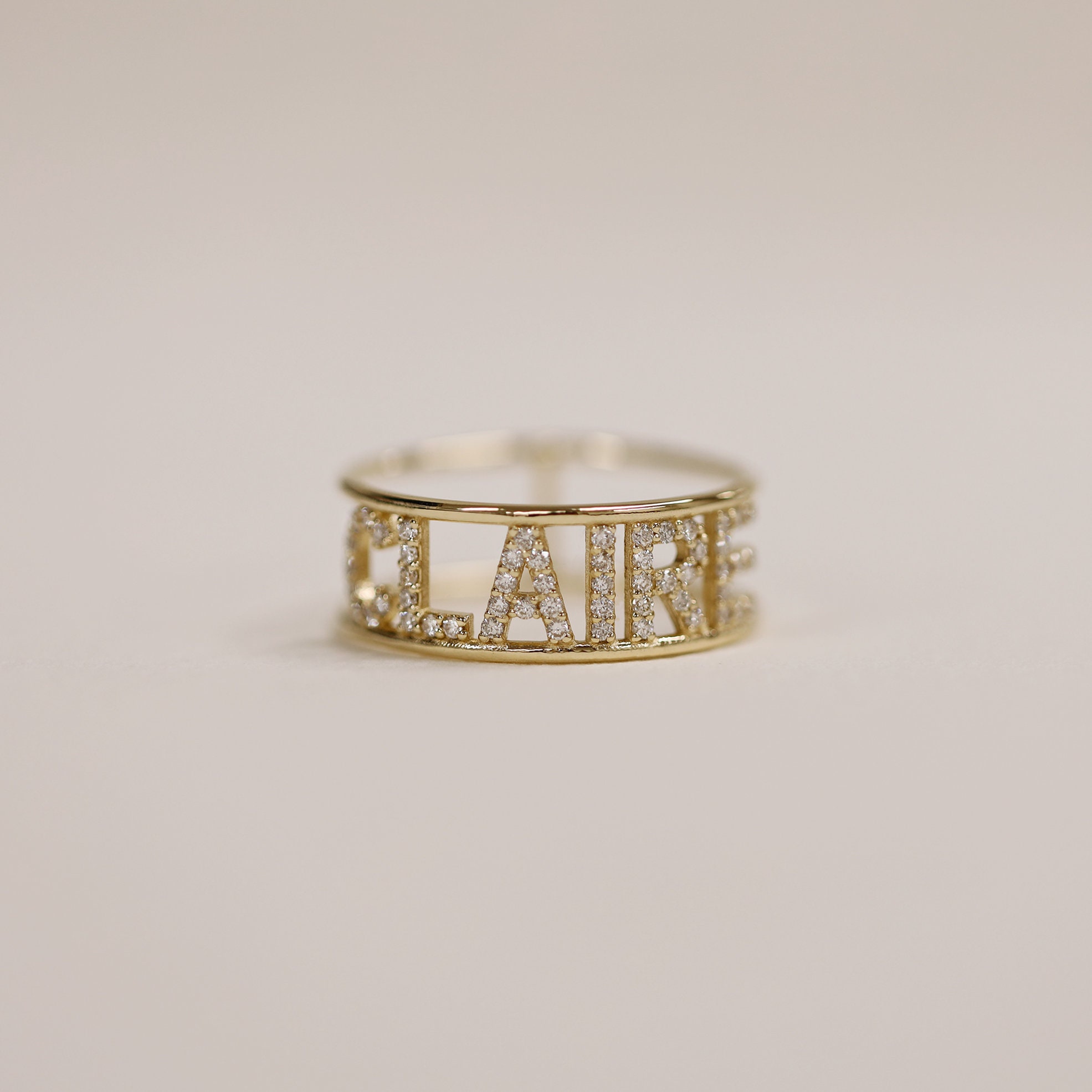 Diamond Name Ring, Monogram Diamond Double Band Ring, Personalized 14k ...