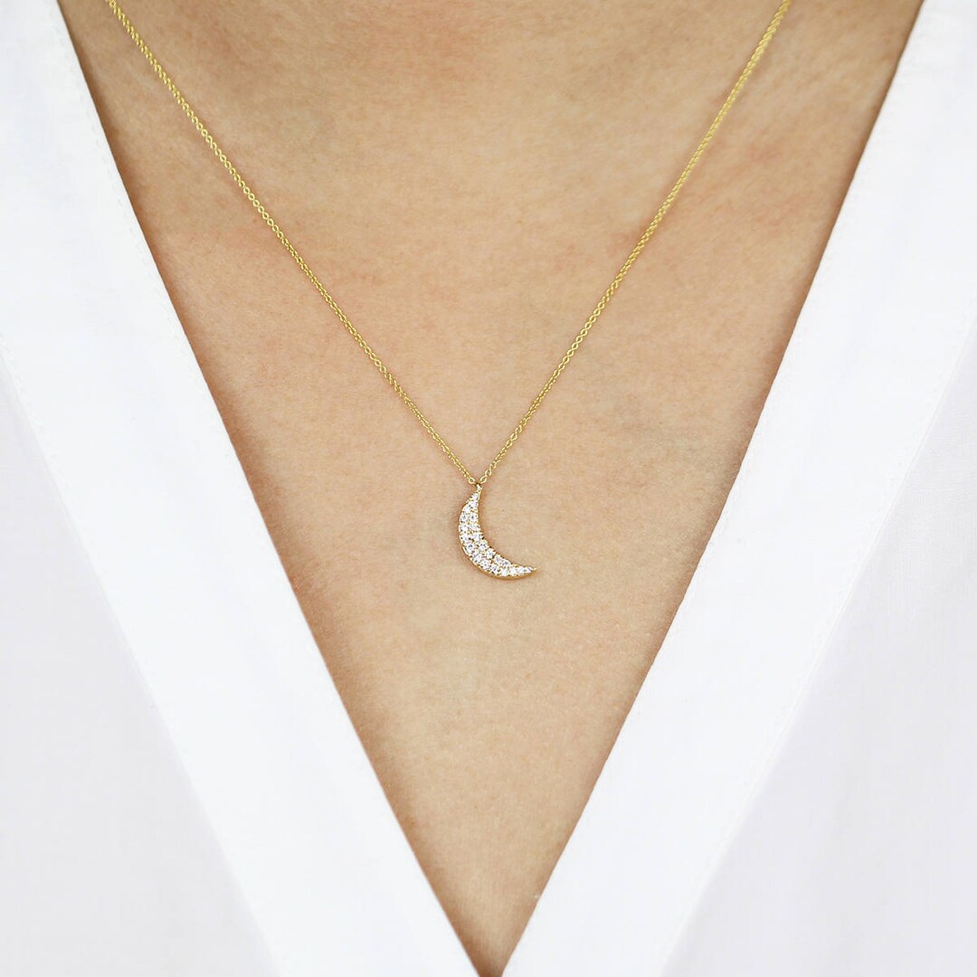 Diamond Necklace 14K Solid Gold Moon Necklace Diamond Crescent Moon ...