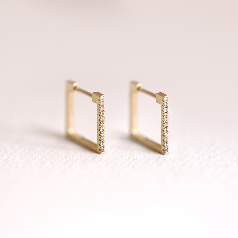 Diamond Square Huggie Earrings / 12mm Diamond Hoop Earrings / Diamond ...