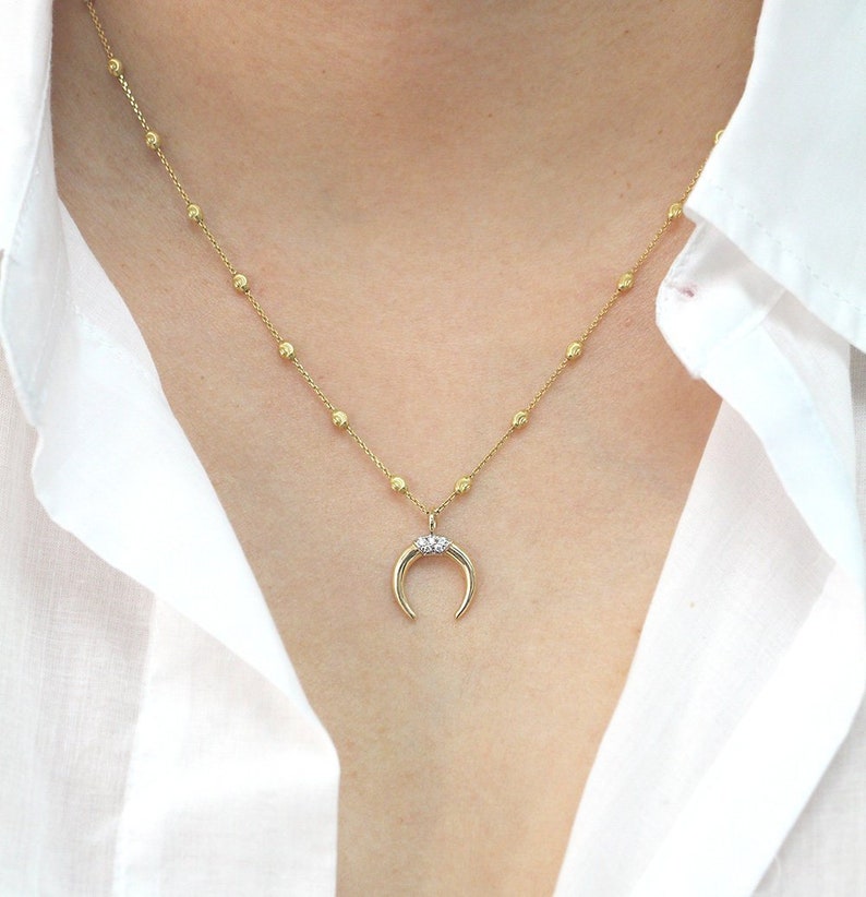 Horn Necklace Double Horn Necklace 14K Solid Gold Diamond - Etsy