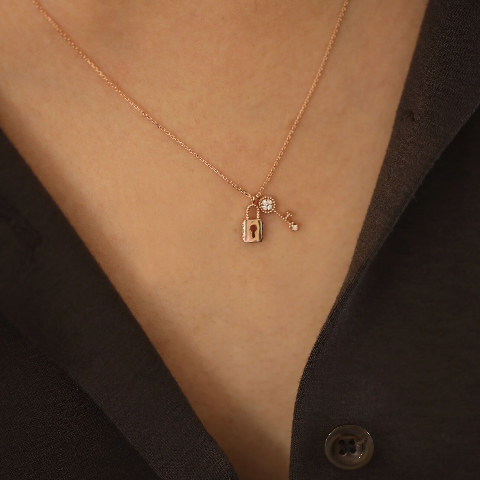 Diamond Lock and Key Pendant Necklace / Lock and Key Diamond Necklace ...