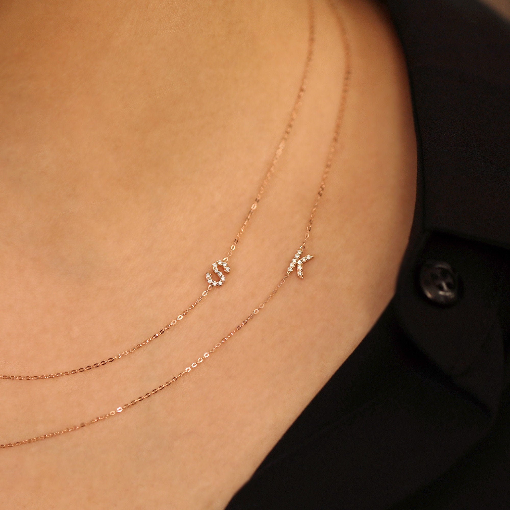 Sideways Diamond Initial Necklace Diamond Initial Charm Necklace 14K