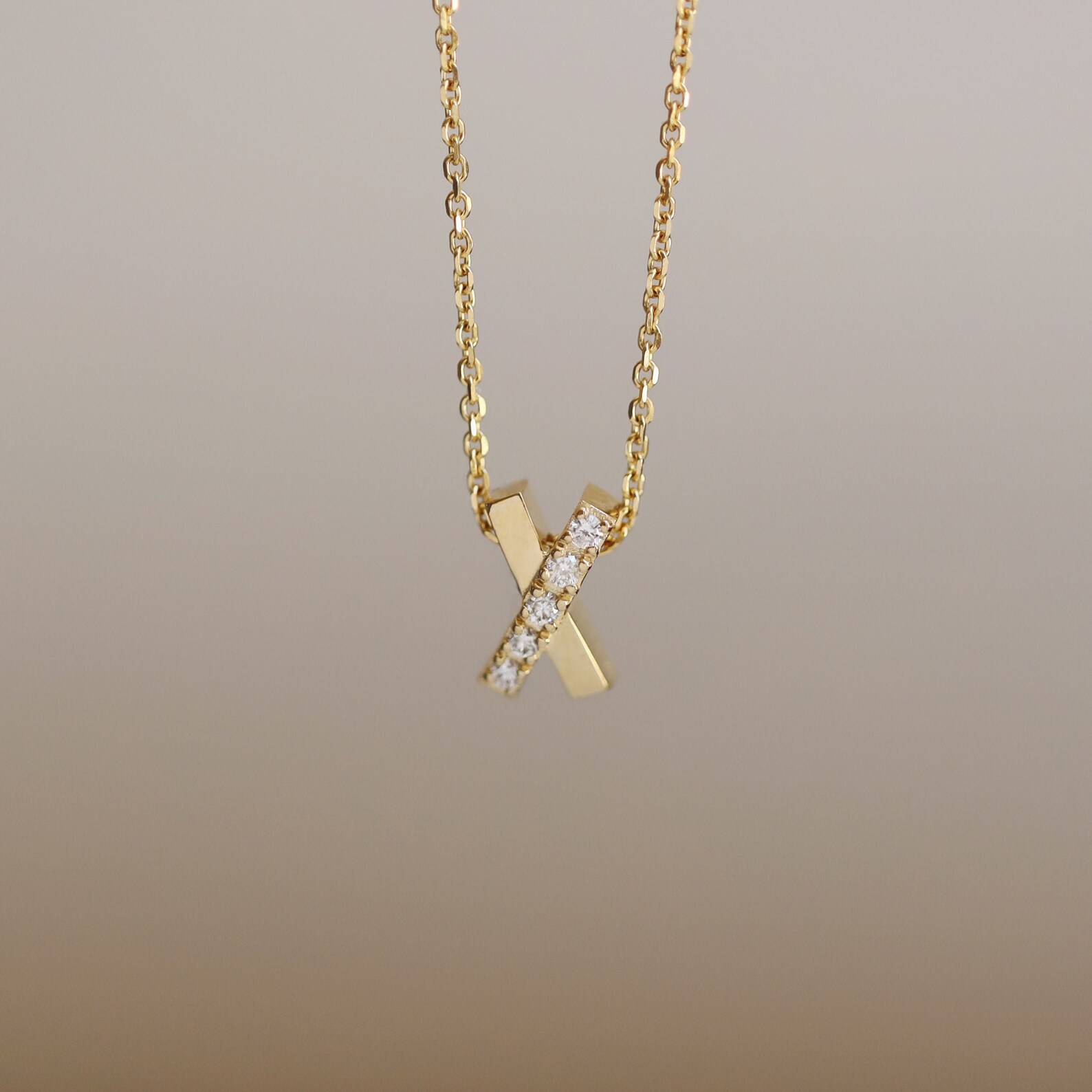 Criss Cross Natural Diamond Necklace / X Shape Charm Pendant Necklace ...