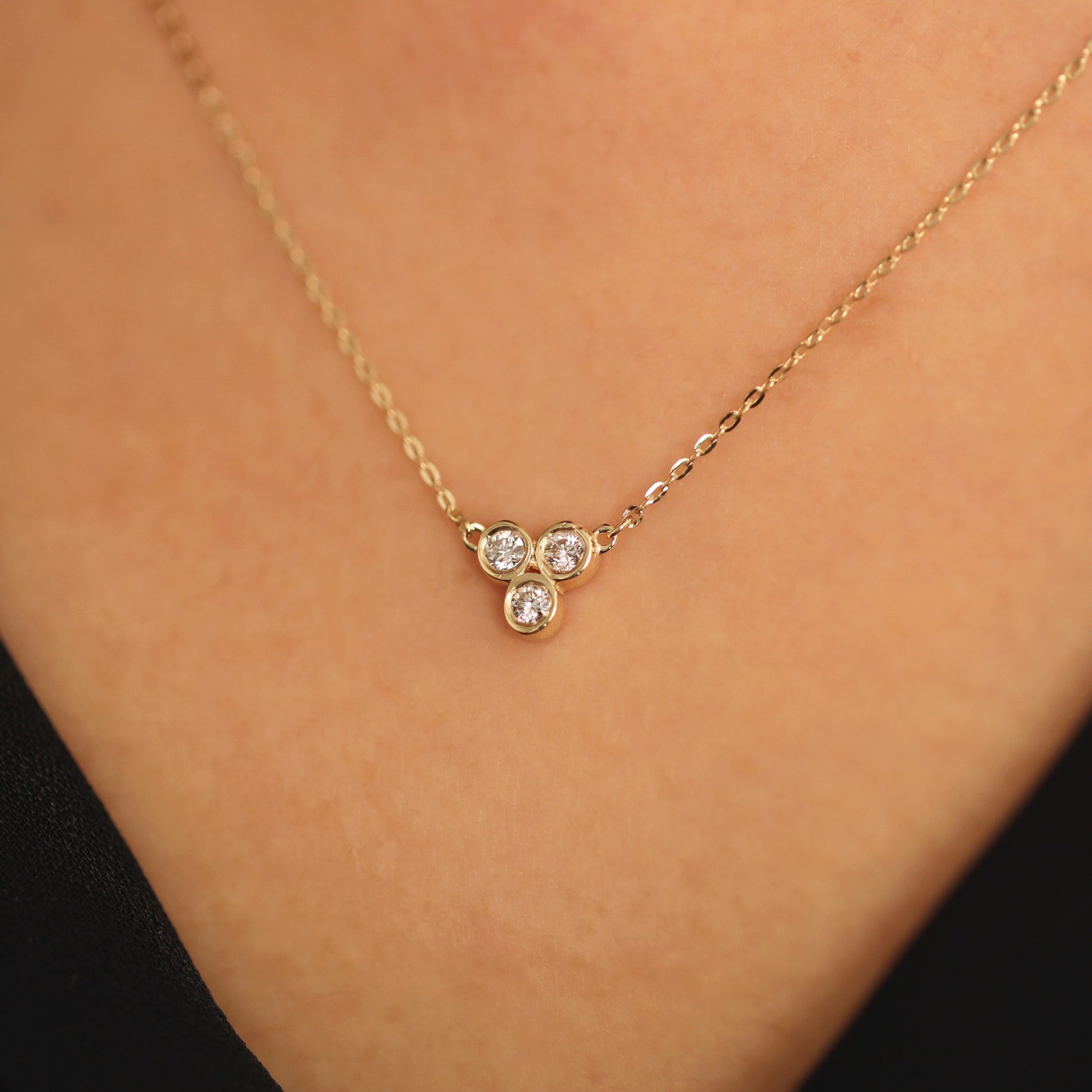 Trinity Diamond Charm Necklace, Triple Diamond Necklace, 14K Diamond ...