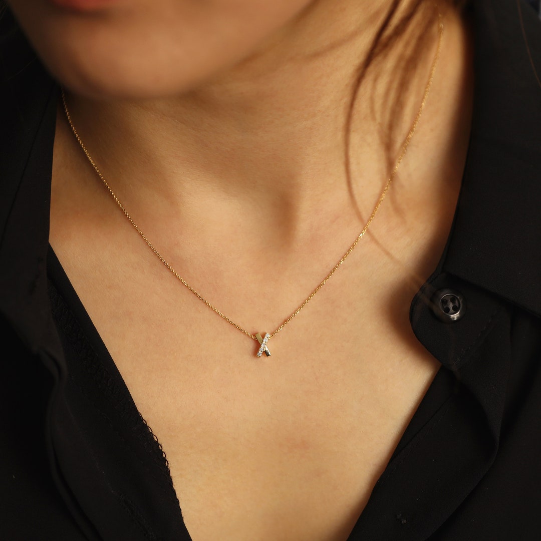 Criss Cross Natural Diamond Necklace / X Shape Charm Pendant Necklace ...