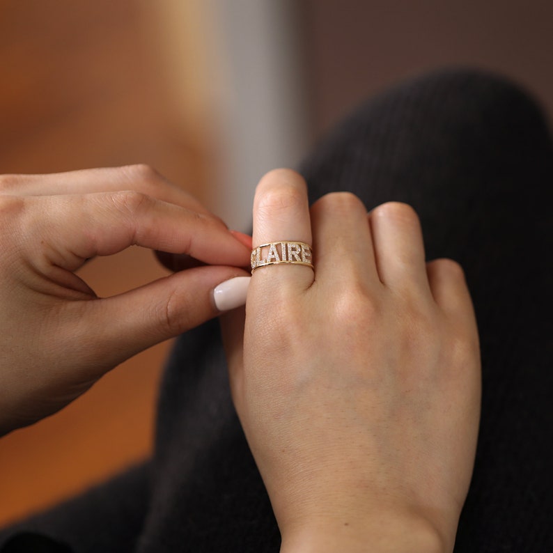 Diamond Name Ring, Monogram Diamond Double Band Ring, Personalized 14k ...