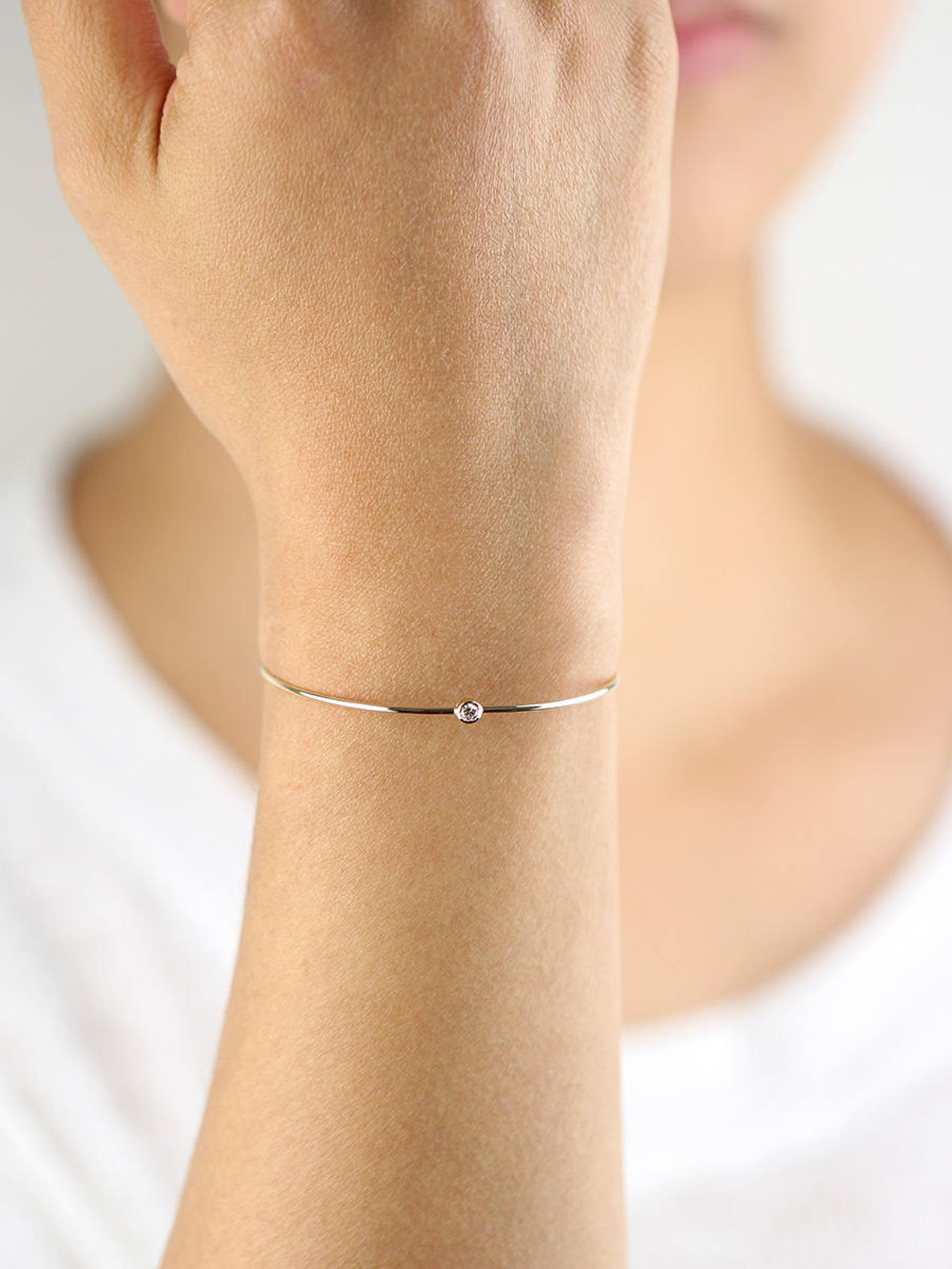 Diamond Bangle Bracelet, Diamond Solitaire Bangle Bracelet, Minimalist ...