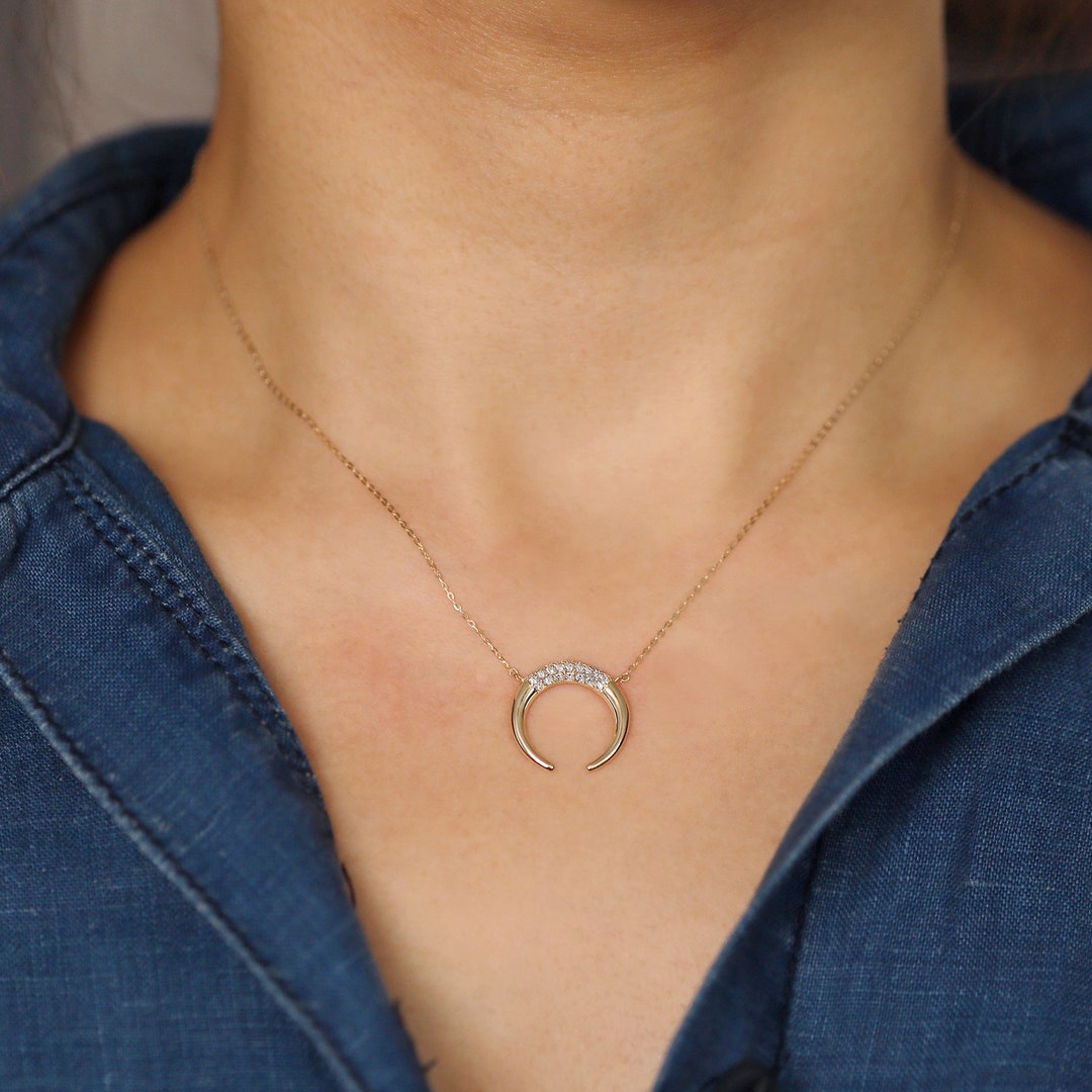 Diamond Horn Pendant Necklace, 14k Gold Diamond Horn Pendant Necklace ...
