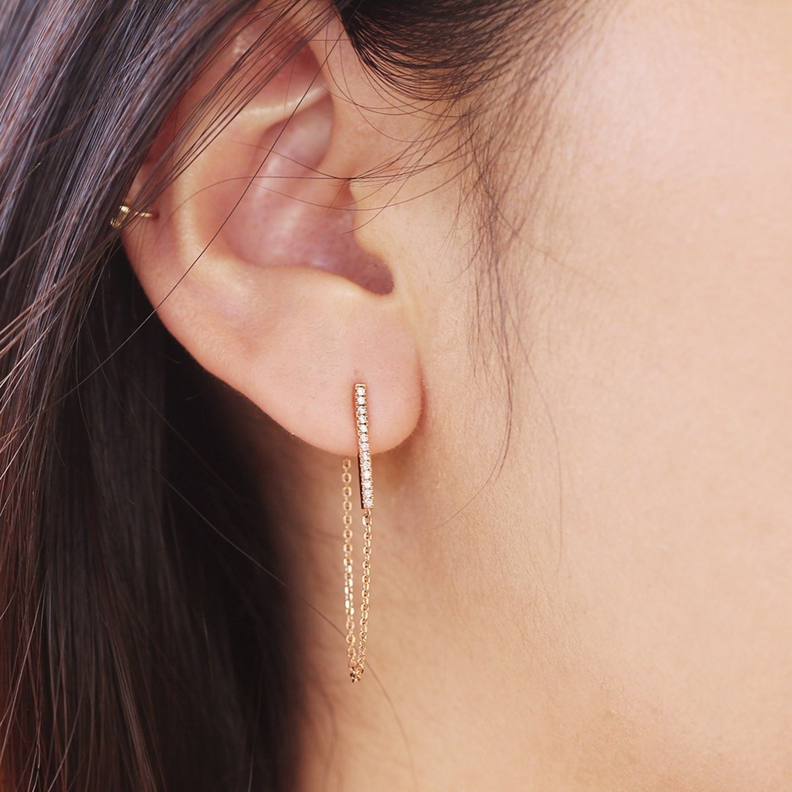 Diamond Bar Drop Chain Earrings Diamond Drop Earrings 14k - Etsy