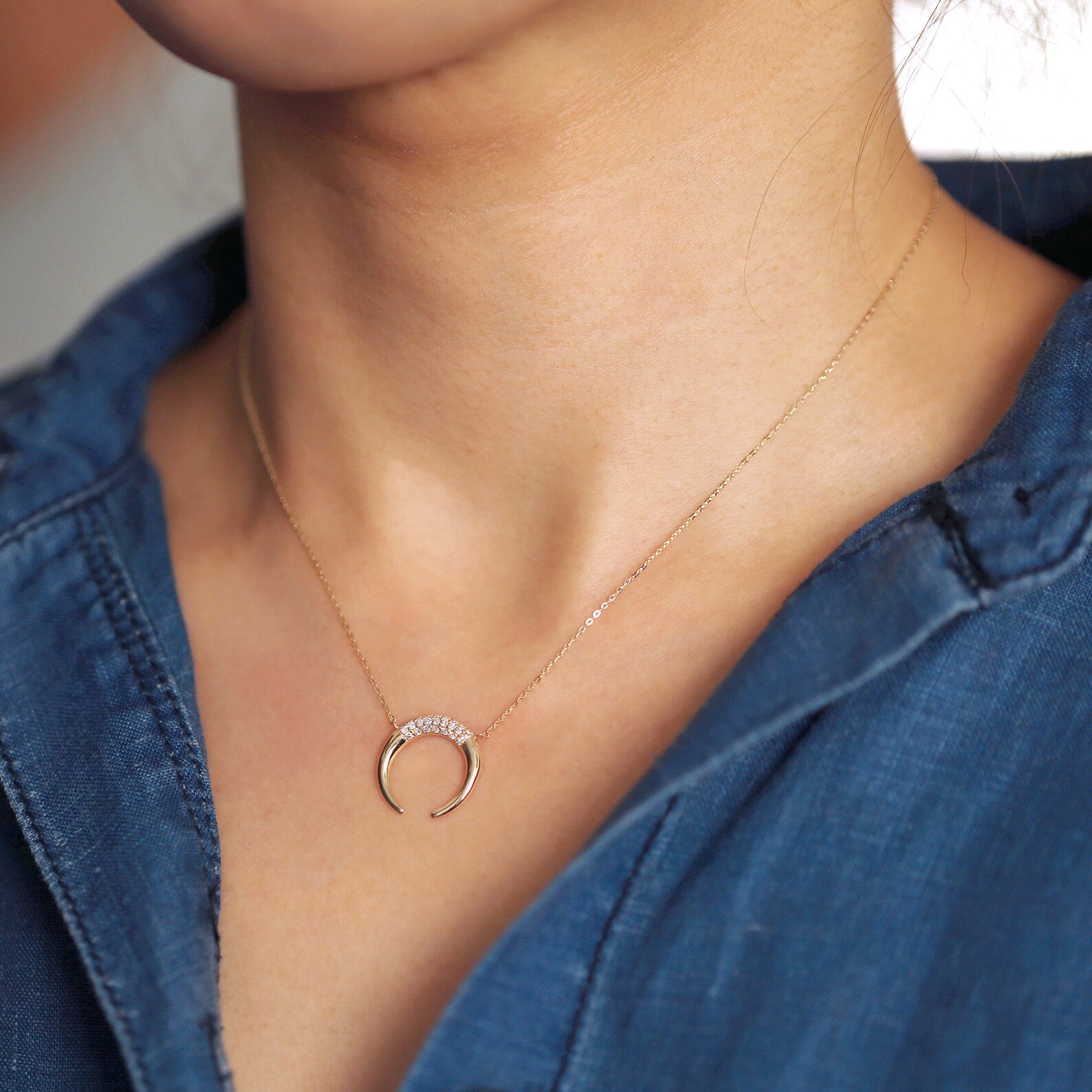 Diamond Horn Pendant Necklace 14k Gold Diamond Horn Pendant | Etsy