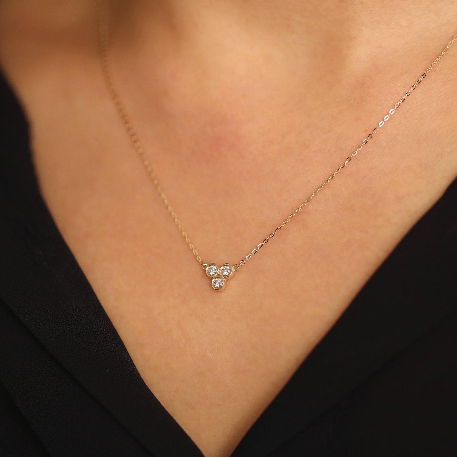 Trinity Diamond Charm Necklace, Triple Diamond Necklace, 14K Diamond ...