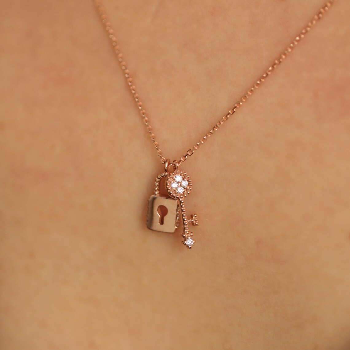 Diamond Lock and Key Pendant Necklace / Lock and Key Diamond Necklace ...