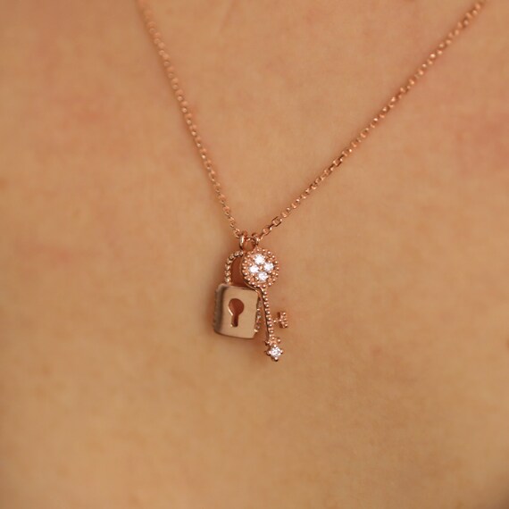 Diamond Lock and Key Pendant Necklace Lock and Key Diamond Necklace Lock Necklace Key Necklace Keys and Locks Promise Necklace