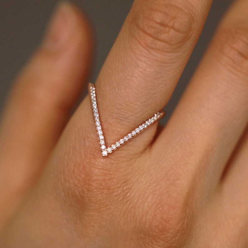 Diamond Ring Diamond Set V Shape 14K Solid Gold Ring with the | Etsy