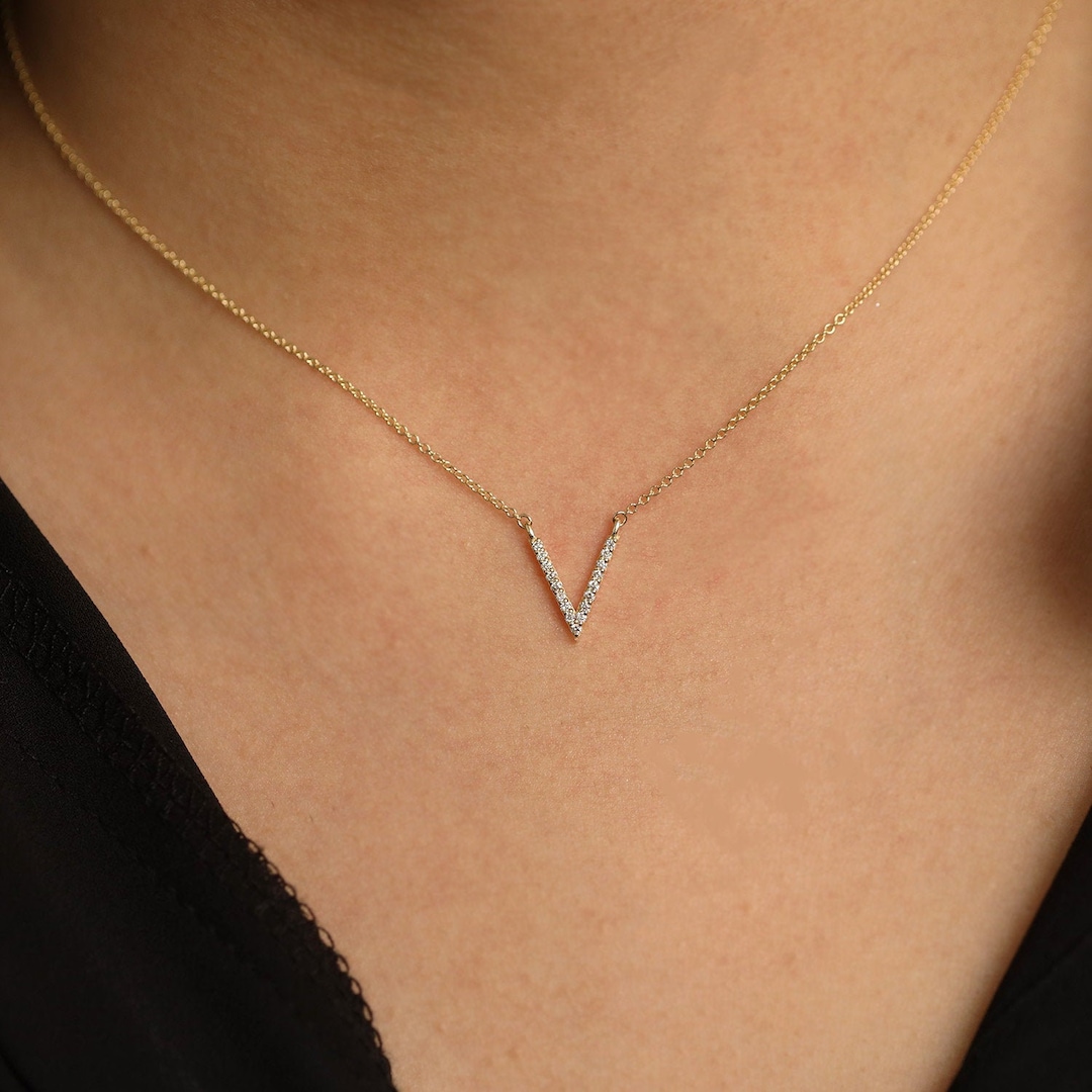 Diamond Necklace, Diamond V Pendant Necklace, Minimalist 14k Solid Gold ...