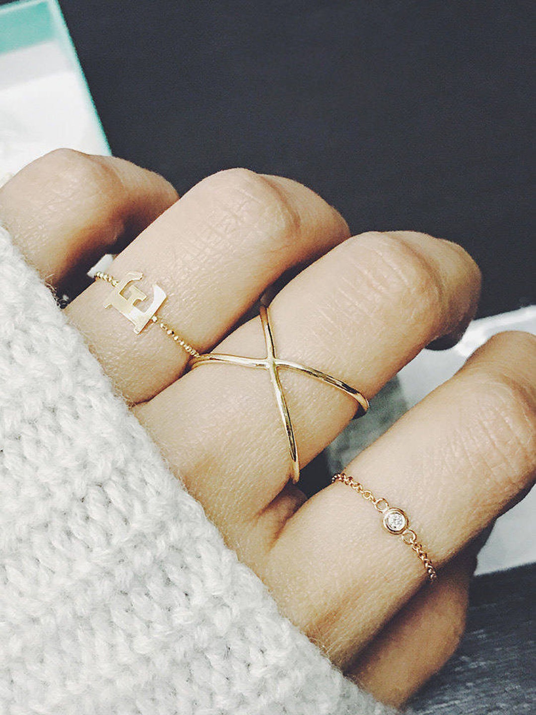 Dainty Diamond Chain Ring, Natural Diamond Set Bezel Chain Ring ...