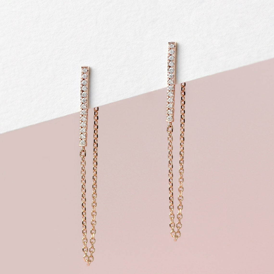 Diamond Bar Drop Chain Earrings Diamond Drop Earrings 14k - Etsy