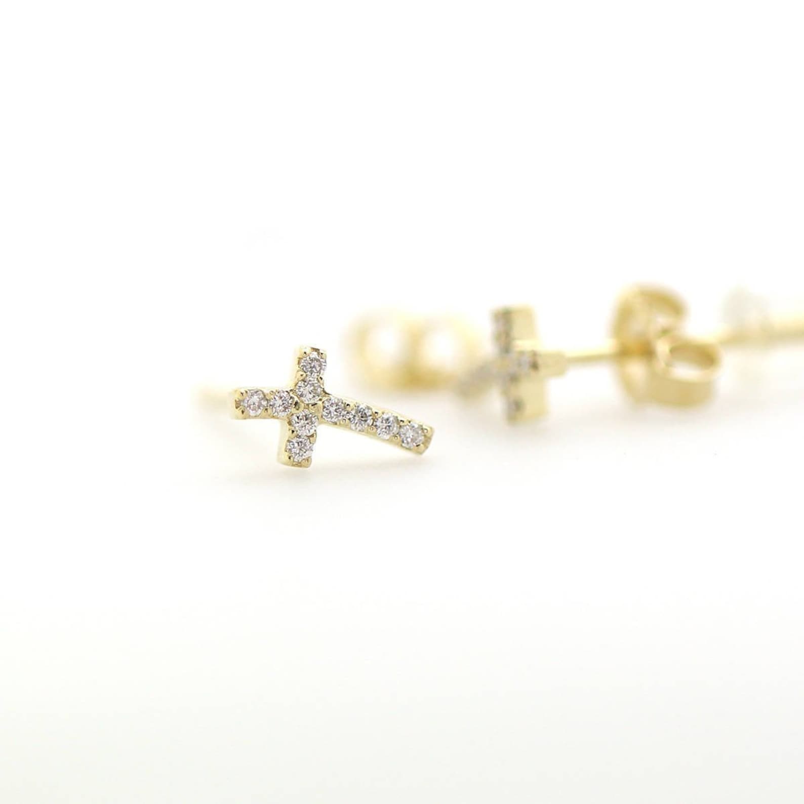 Diamond Cross Earrings Cross Diamond Earrings 14k Diamond - Etsy