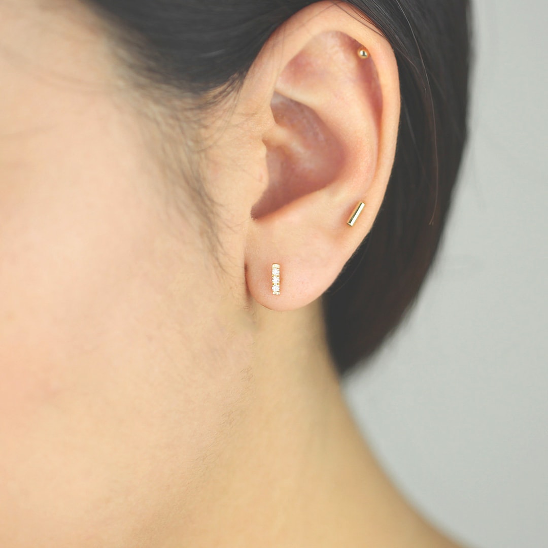 Diamond Earrings, Diamond Stud, Diamond Bar Earrings, Three Diamond Bar ...