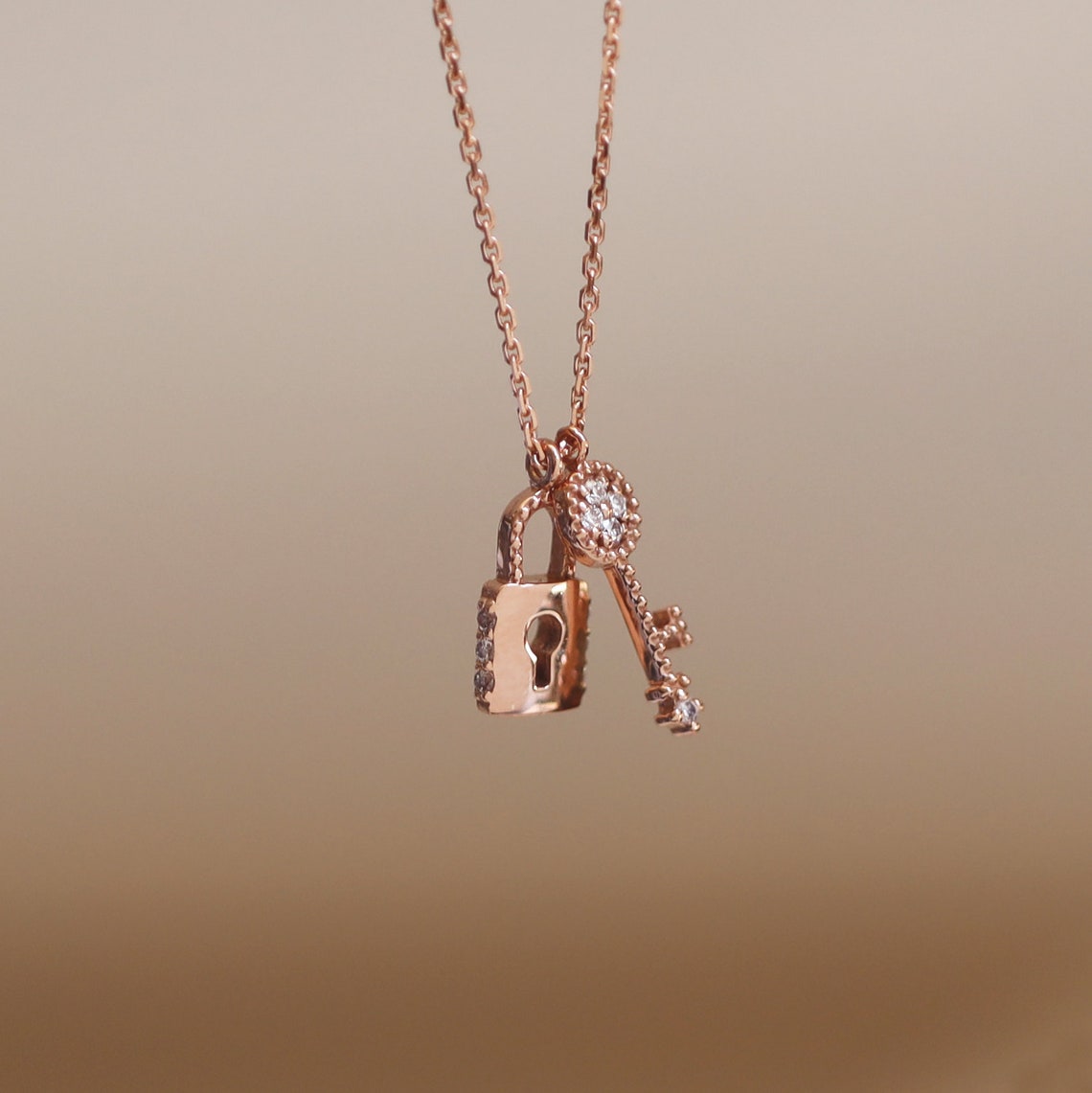 Diamond Lock and Key Pendant Necklace / Lock and Key Diamond Necklace ...