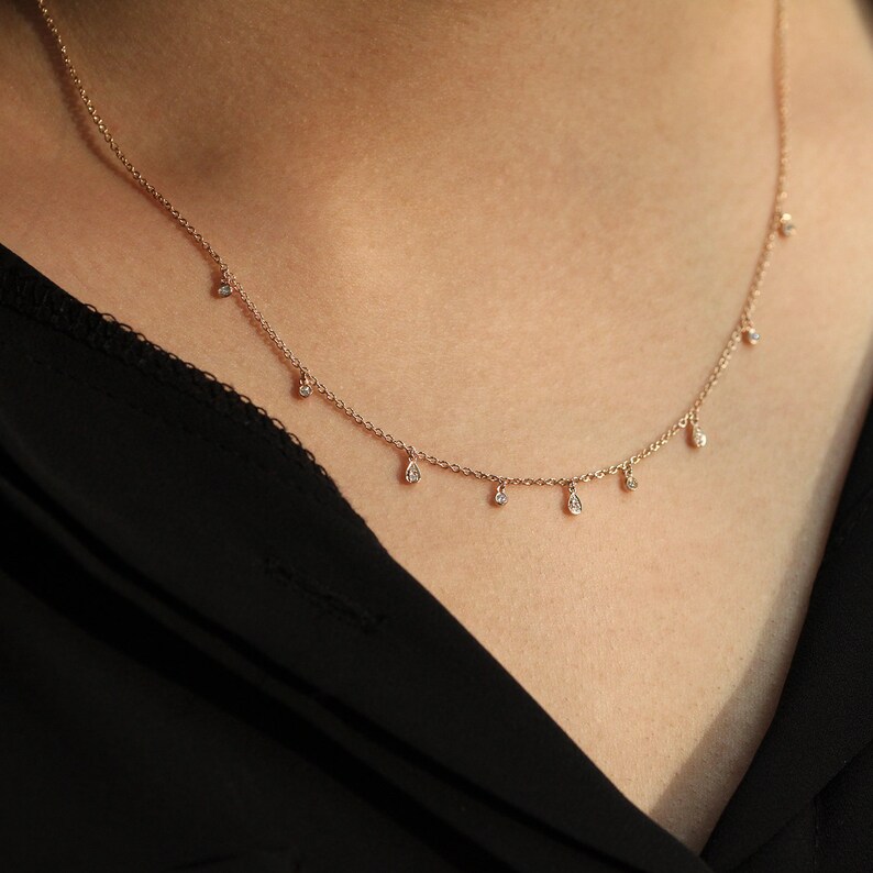 Teardrop Round Bezel Diamond Drop Dangle Necklace Minimalist | Etsy