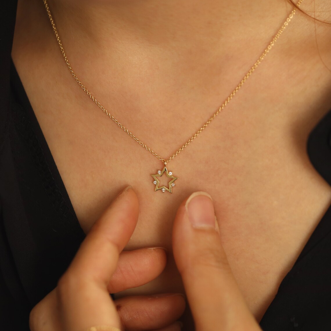 14K Gold Star Pendant Necklace With Natural Diamonds / - Etsy