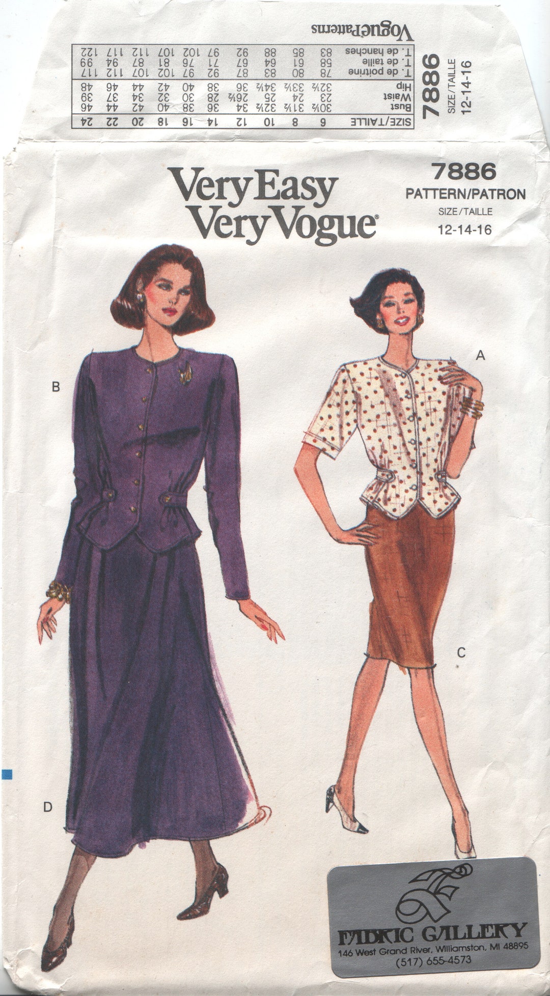 Vogue 7886 Jacket/skirt From 1990 Sz 12-14-16 UNCUT - Etsy