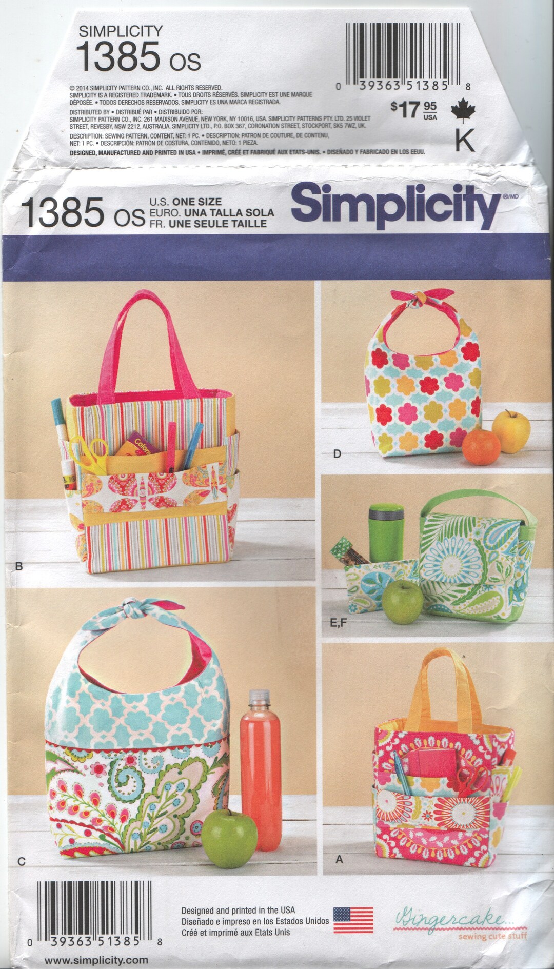 Simplicity 1385 Art Caddy and Lunch Bags 2014 UNCUT - Etsy