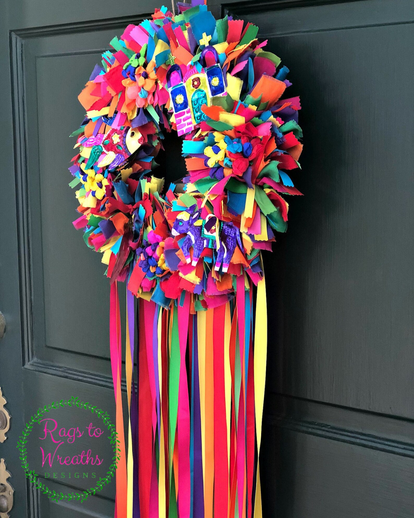Fiesta Wreath, Rag Wreath, Fabric Wreath, Ribbon Wreath, Front Door ...