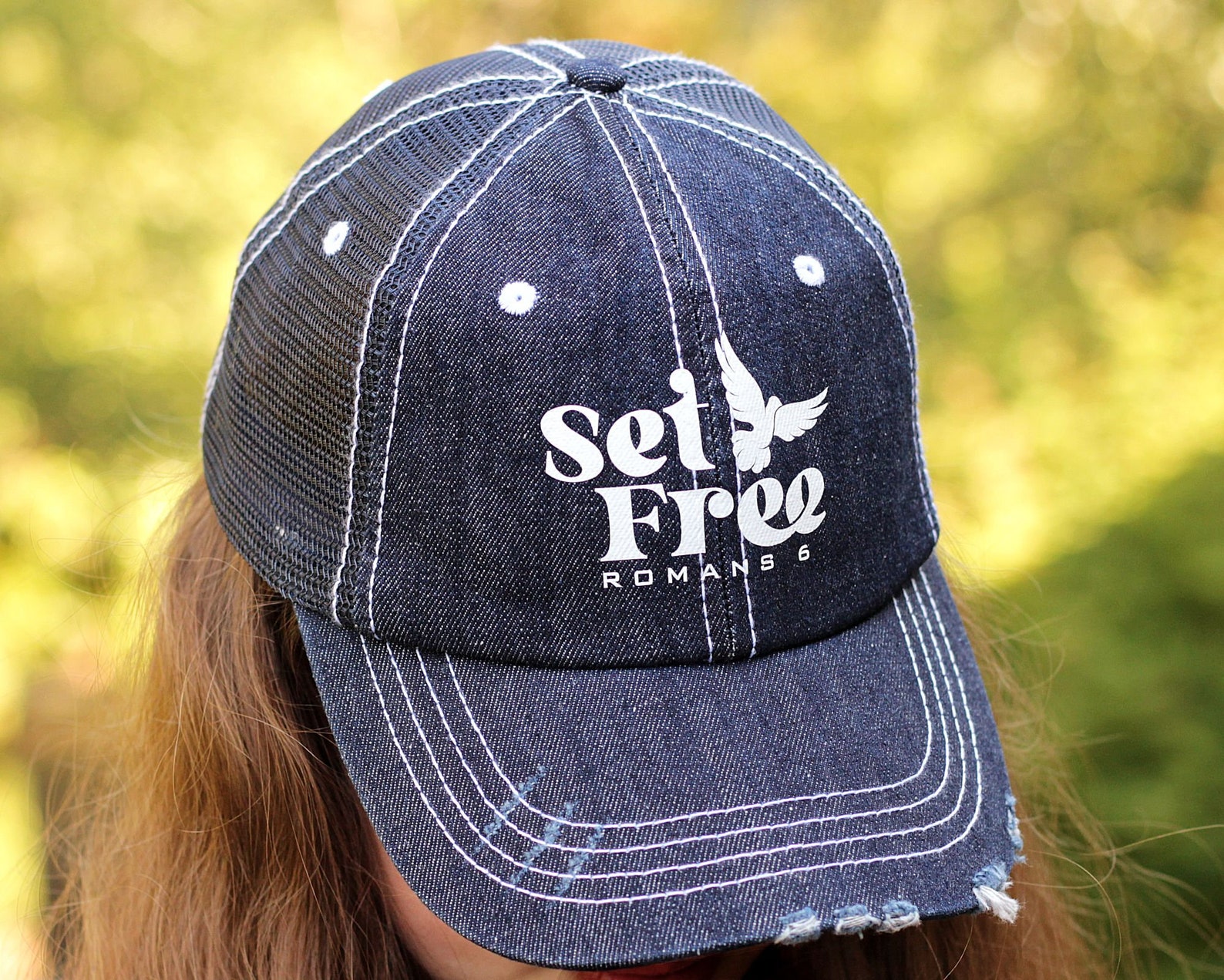 Set Free Dove Distressed Trucker Hat for Women Unstructured Denim ...