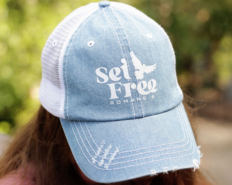 Set Free Dove Distressed Trucker Hat for Women Unstructured Denim ...
