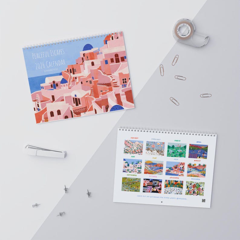 2026 Wall Calendar, Peaceful Escapes Illustrated Art, USA Holidays - Etsy