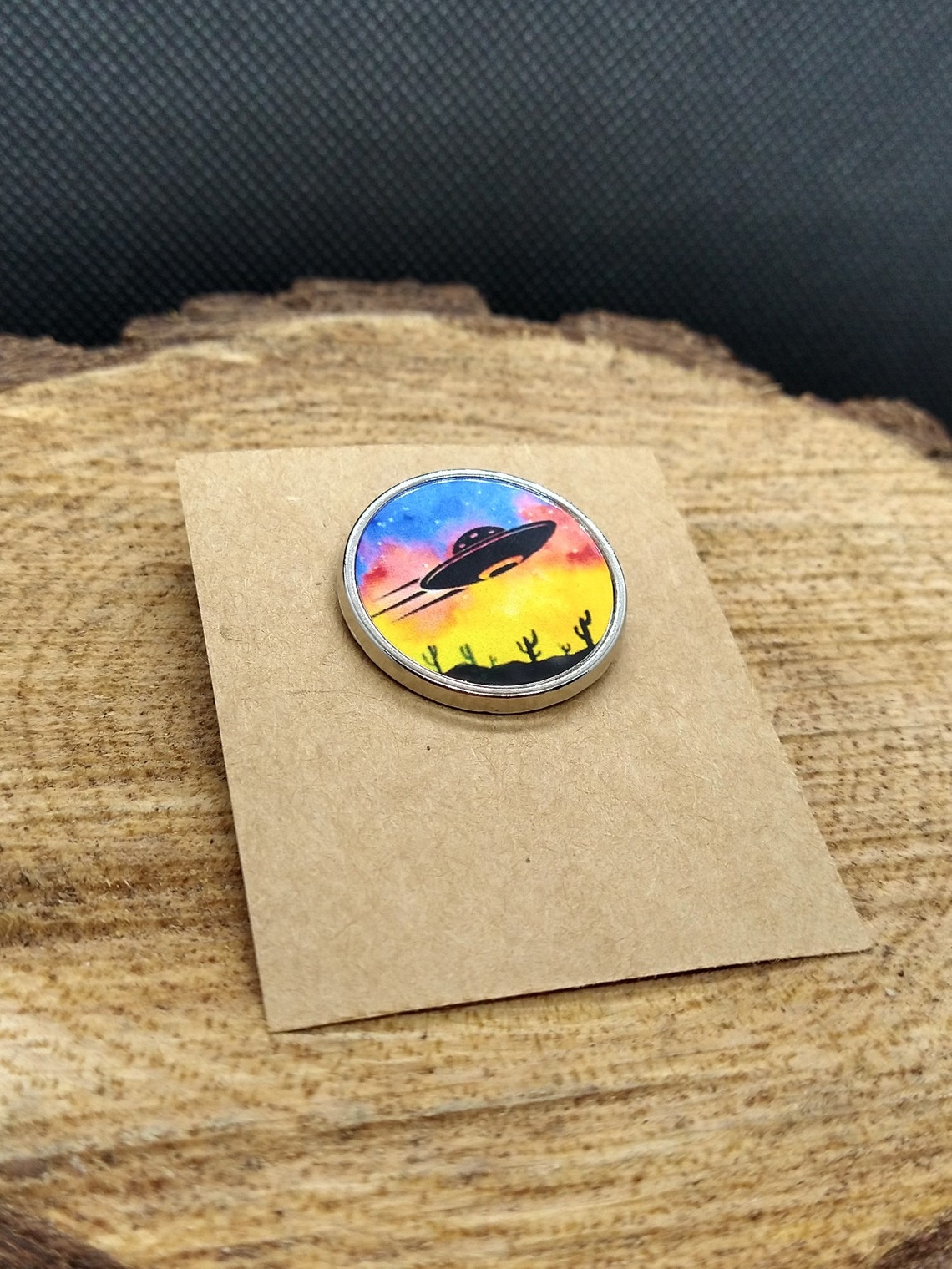 Colorful UFO Flying in the Desert Sky Round Metal Pin Fun Accessory 1 ...