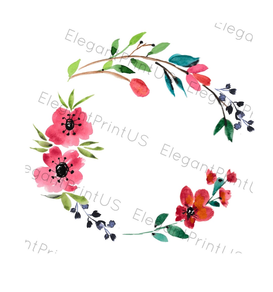 Pink Red Blue Floral Wreath Clip Art Watercolor Botanical Wreath Floral ...