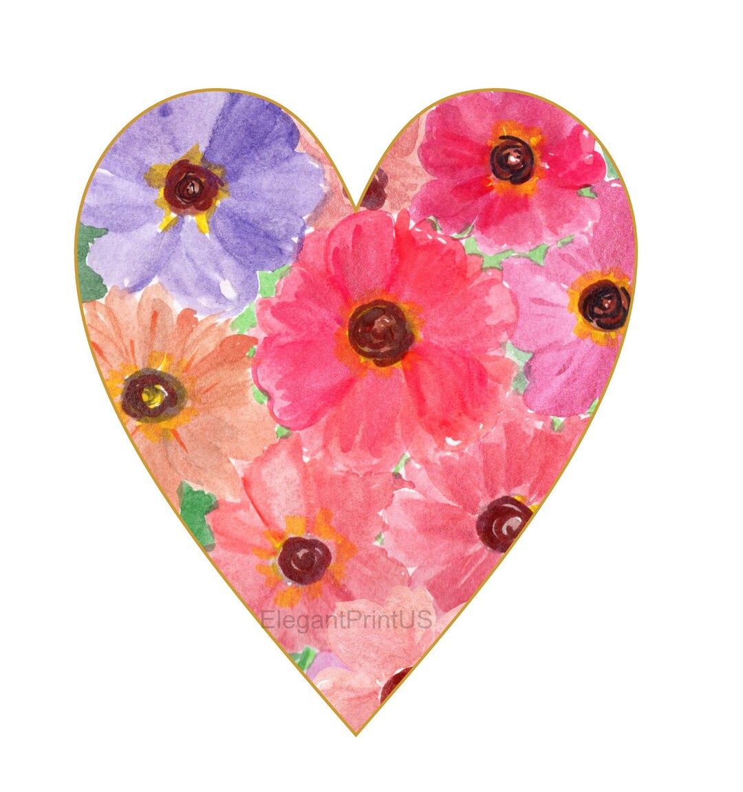 Watercolor Floral Heart Clip Art: Pink & Gold (PNG Digital Download) - Etsy