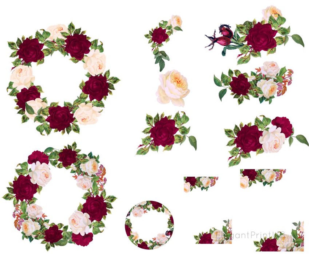 Burgundy Blush Set Flowers Wreaths Bouquets Digital Clip Art Invitation ...