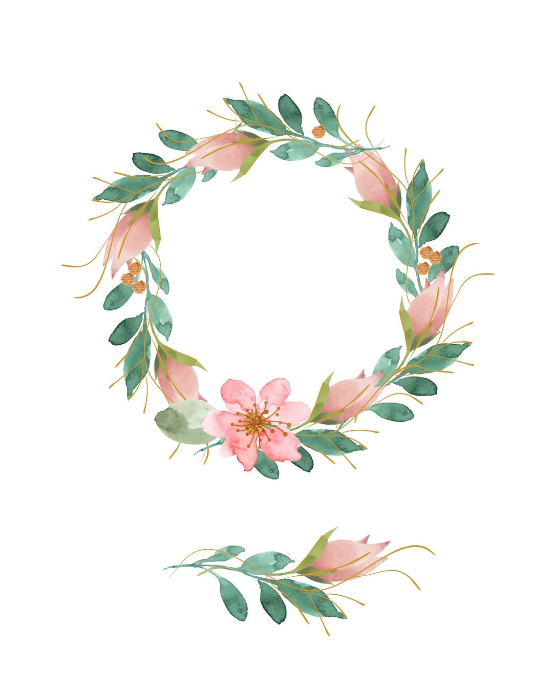 Pink Gold Wreath Watercolor Clip Art Roses Pink Blush Gold Floral ...