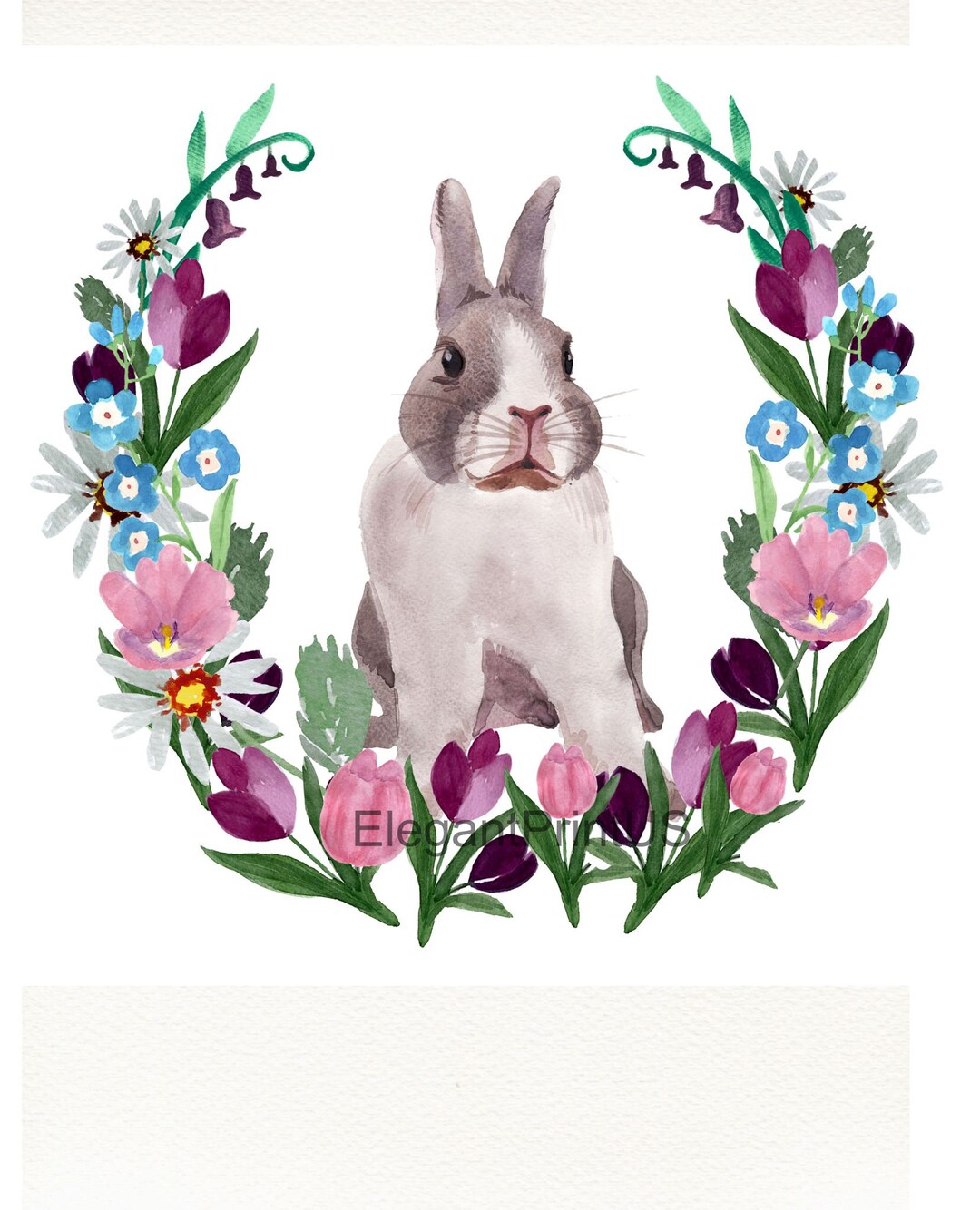 Bunny Wreath Watercolor Clipart Easter Bunny Tulips Forget Me Not Open ...