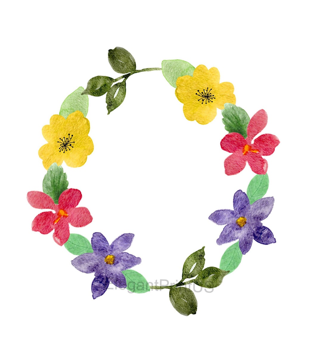 Watercolor Floral Wreath Clipart: Blue, Red, Yellow Flowers (PNG ...
