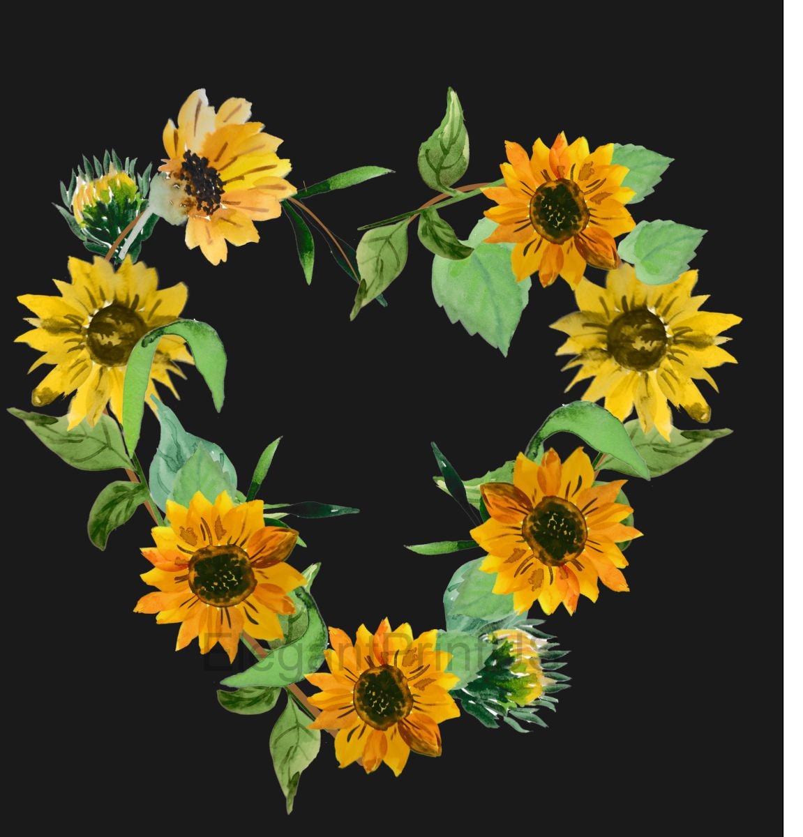 Sunflowers Wreath Heart Shaped Floral Frame Watercolor | Etsy