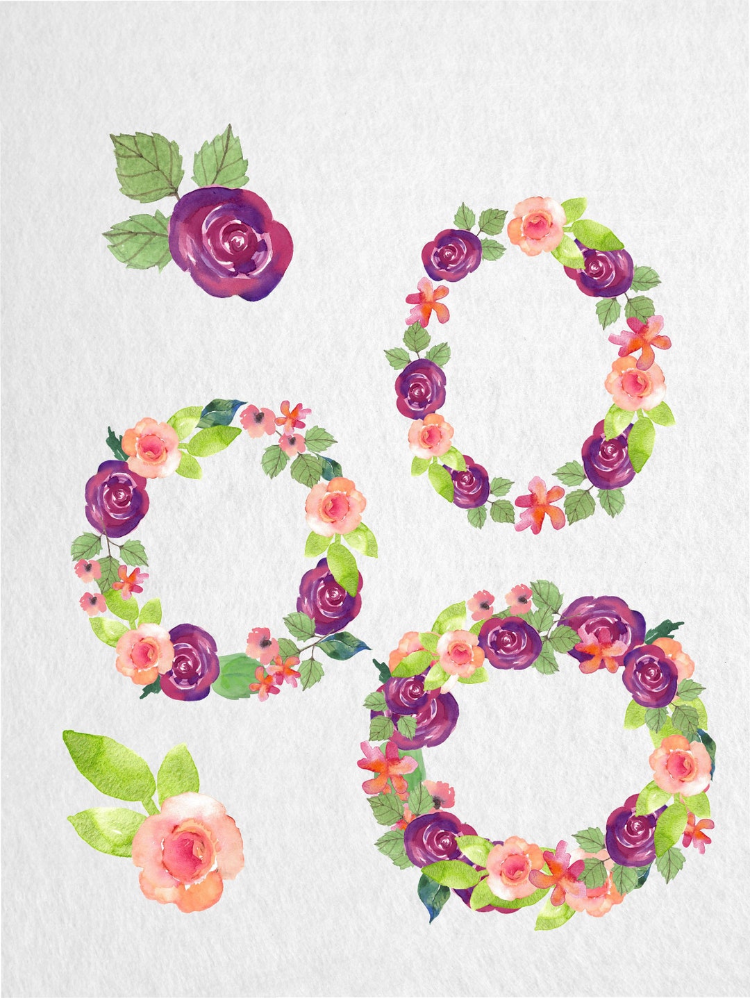 Purple Pink Blush Roses Clip Art Set Purple Pink Wreath Floral Frame ...