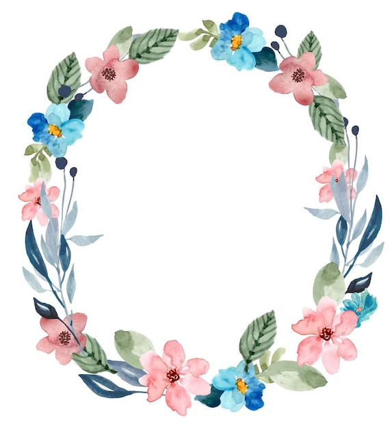 Wreath Pink Blue Watercolor Flowers Botanical Illustrations - Etsy
