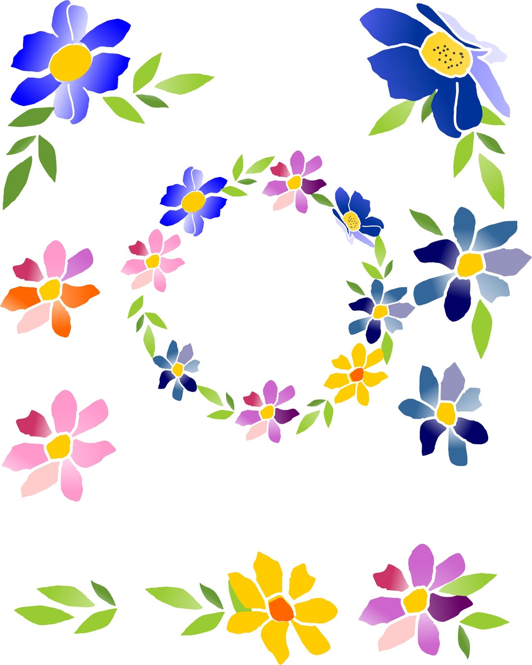 Floral SVG Multicolor SVG Boundle Blue Purple Yellow Flowers Leaves ...