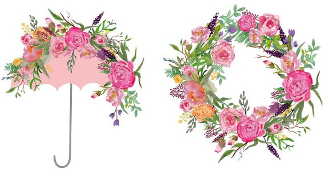 Baby Shower Clipart Umbrella and Wreath Watercolor Flowers Peony ...