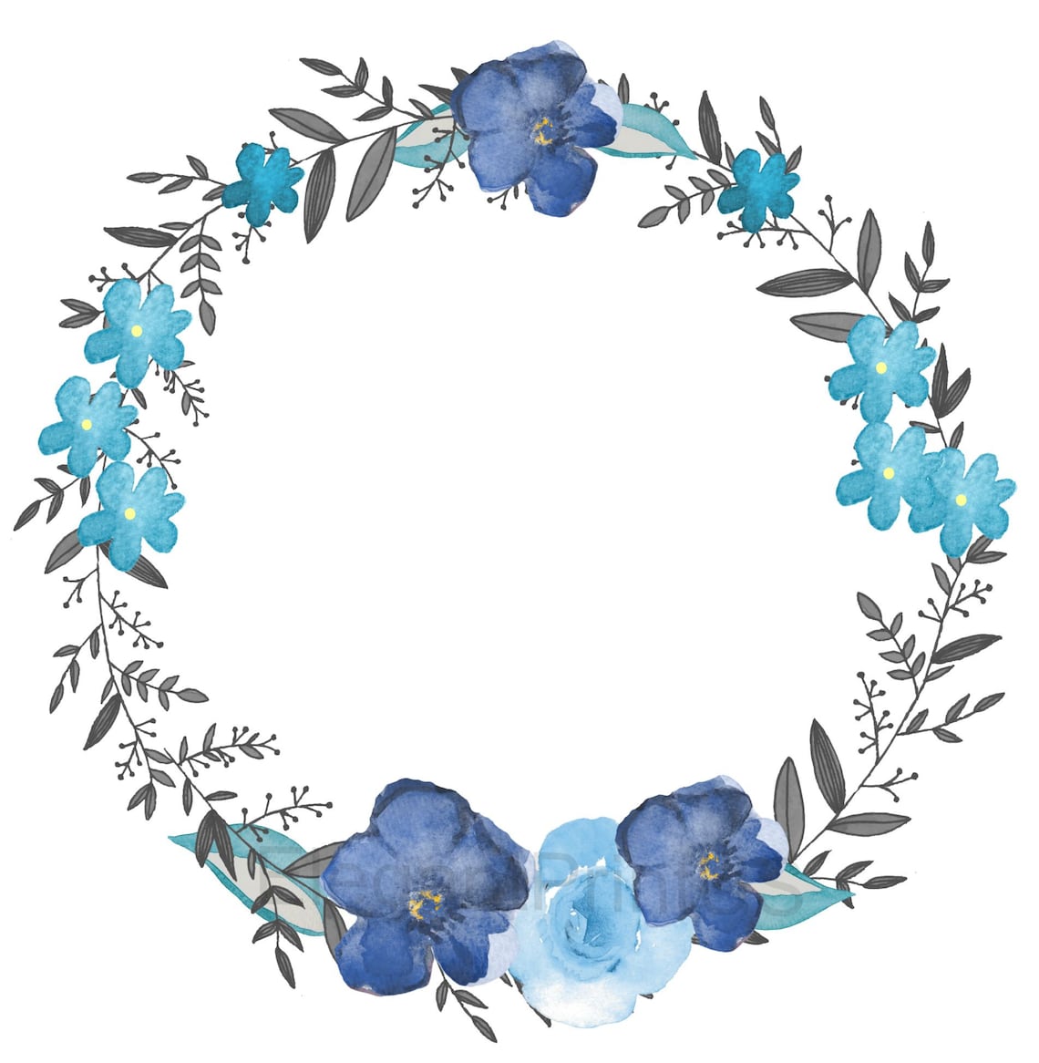 Blue Gray Floral Clip Art Watercolor Wreath Blue Flowers Leaves ...