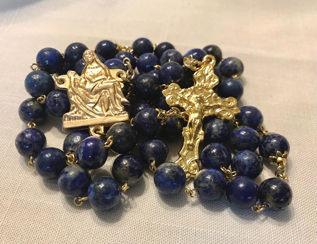 Handmade Lapis Lazuli Rosary: Gold-plated Pieta Centerpiece - Etsy